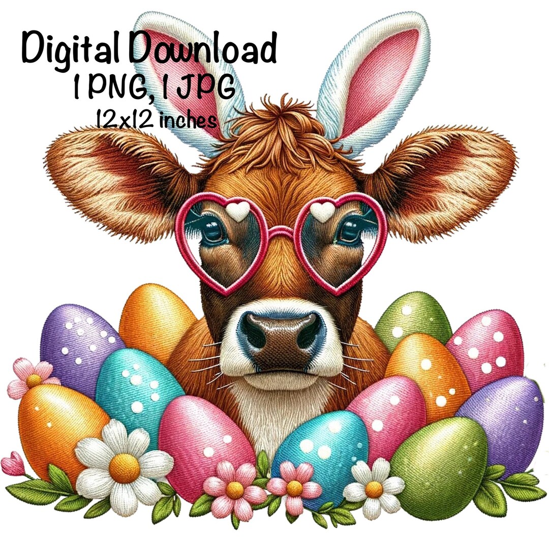 Easter Dairy Cow Embroidery PNG, Easter Cow PNG, Digital Download Faux ...