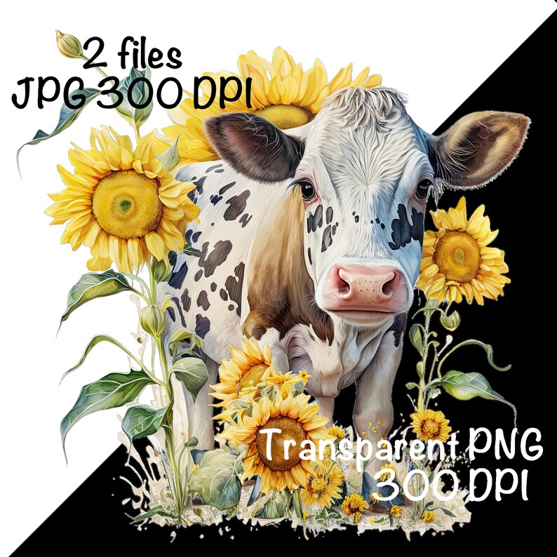 Dairy Milk Cow Watercolor Clipart Highland Cow Sunflowers Flowers PNG ...