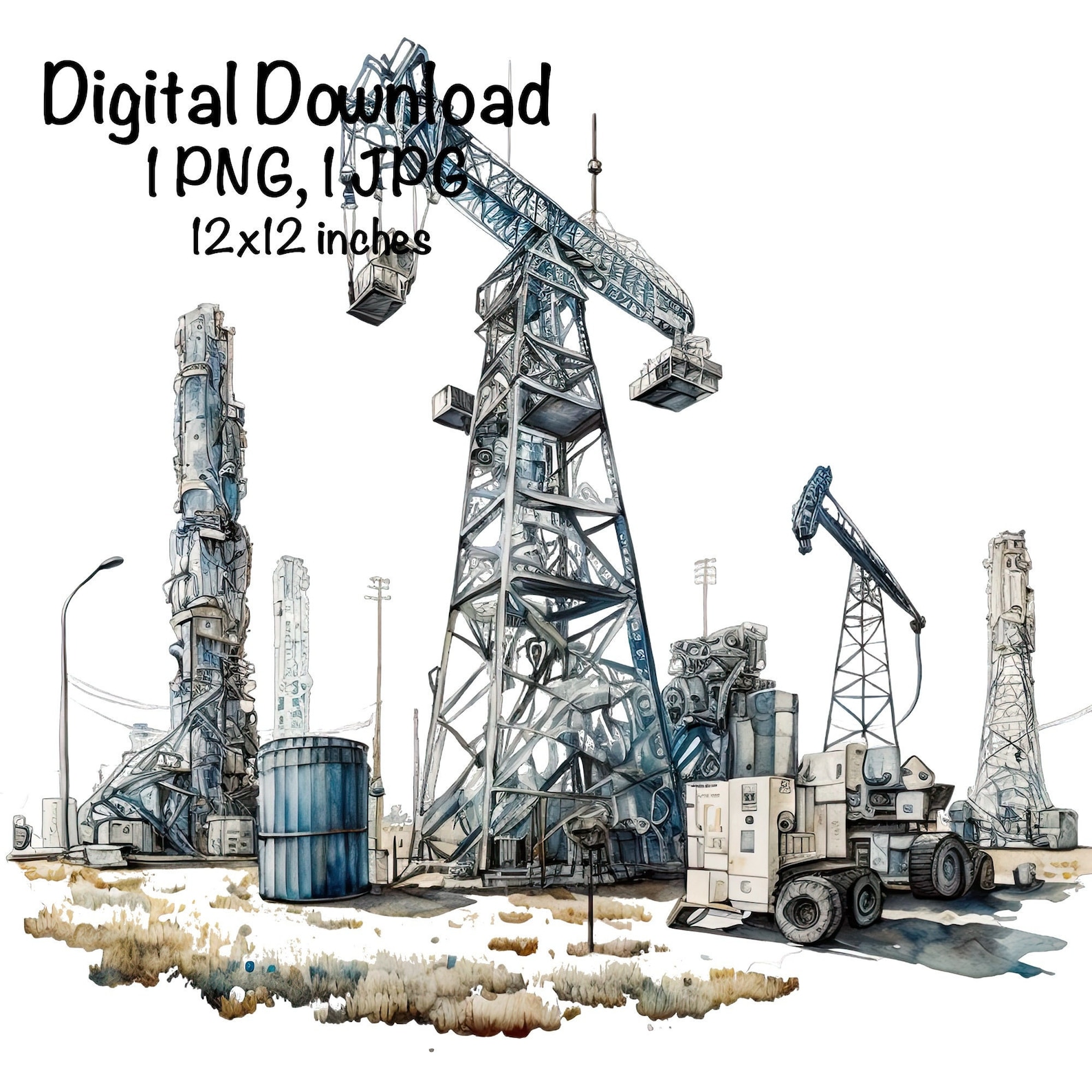 Oil Rig Drilling Watercolor Oilfield Clipart Oil Well PNG Commercial ...