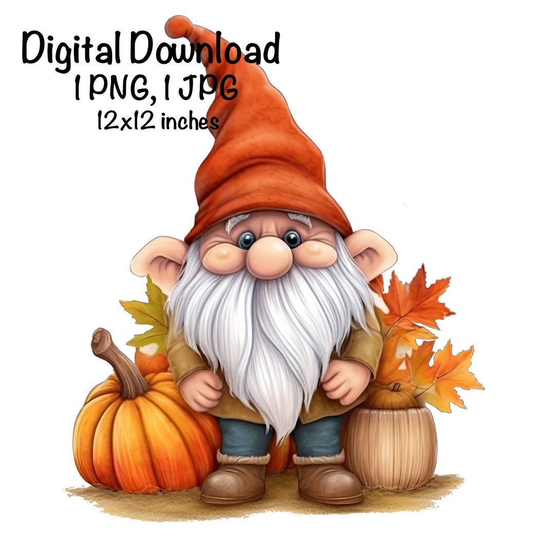 Autumn Cute Gnome Watercolor Fall Garden Gnome Clipart Pumpkin Leaves ...