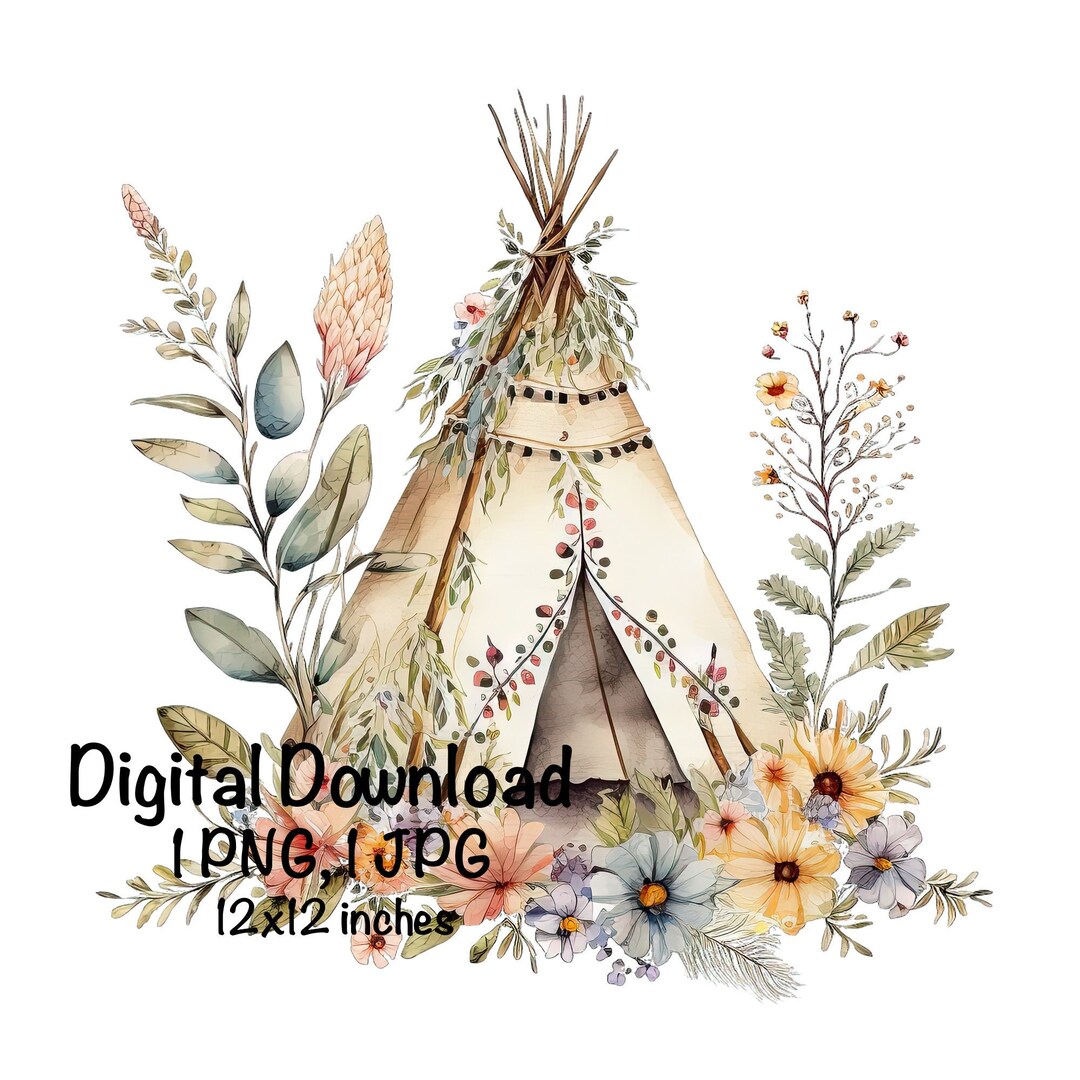 Beautiful Teepee Flowers Watercolor Clipart Native American Tipi PNG ...