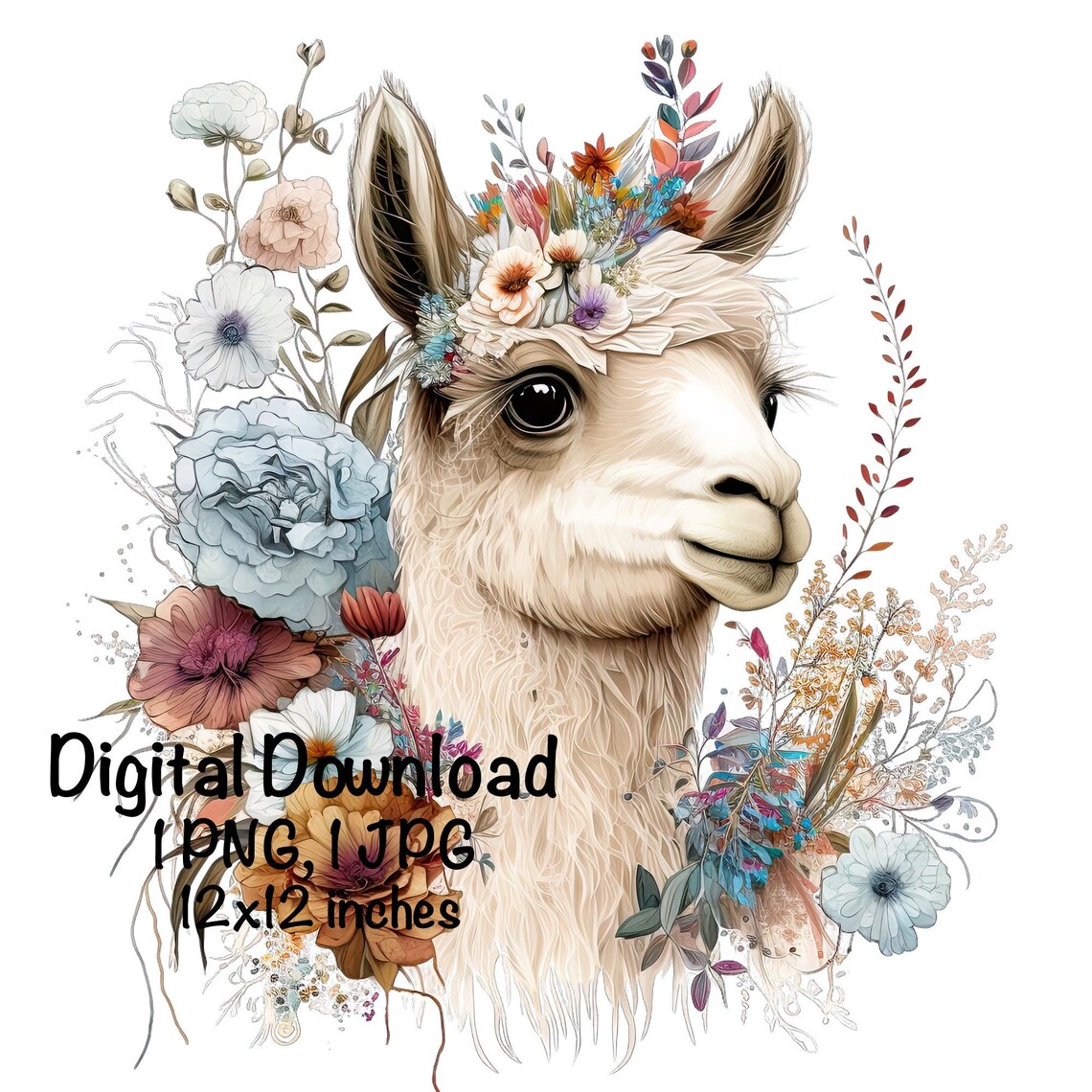 Llama Watercolor Clipart Farm Llama Spring Flowers PNG Commercial Use ...