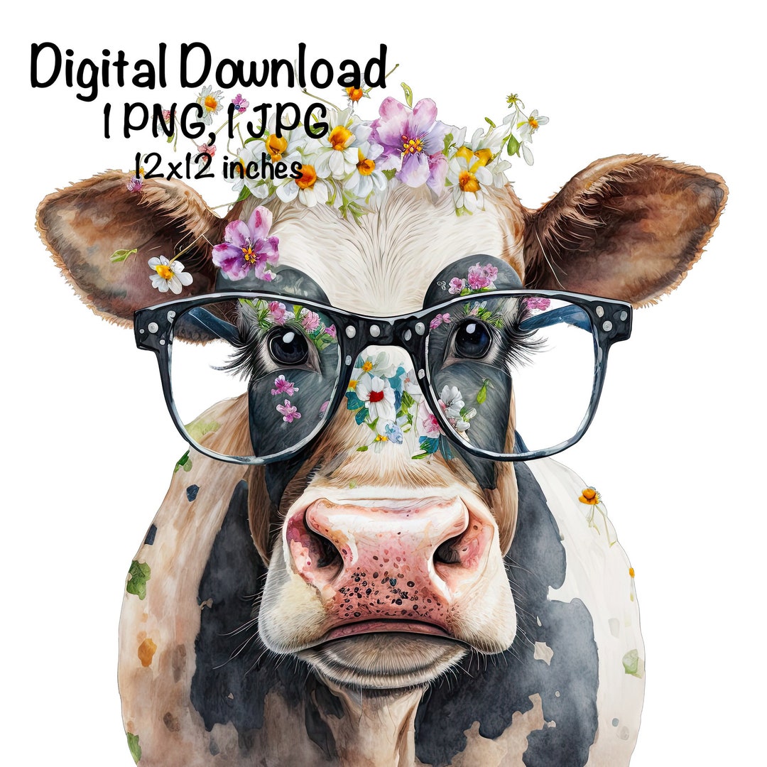Cute Dairy Cow & Glasses Watercolor Clipart Cow Spring Flowers PNG ...