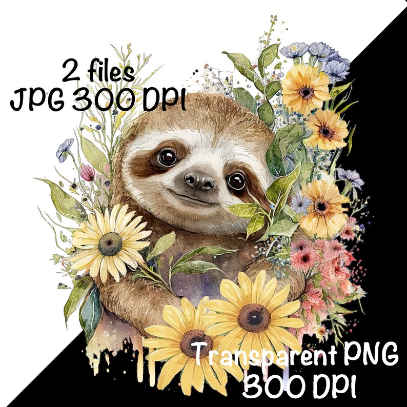 Cute Sloth Clipart Sloth & Spring Flowers PNG Commercial Use - Etsy