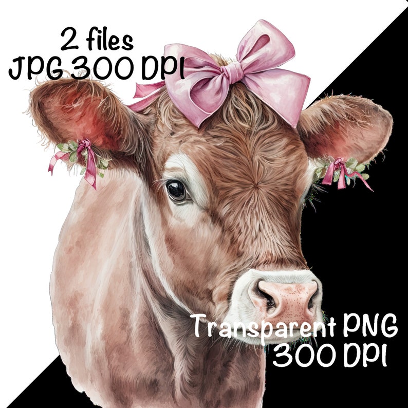 Cute Cow Watercolor Clipart Dairy Cow & Pink Bow PNG - Etsy