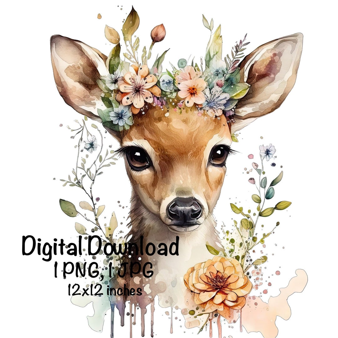 Cute Deer Watercolor Clipart Wild Baby Deer Spring Flowers PNG - Etsy