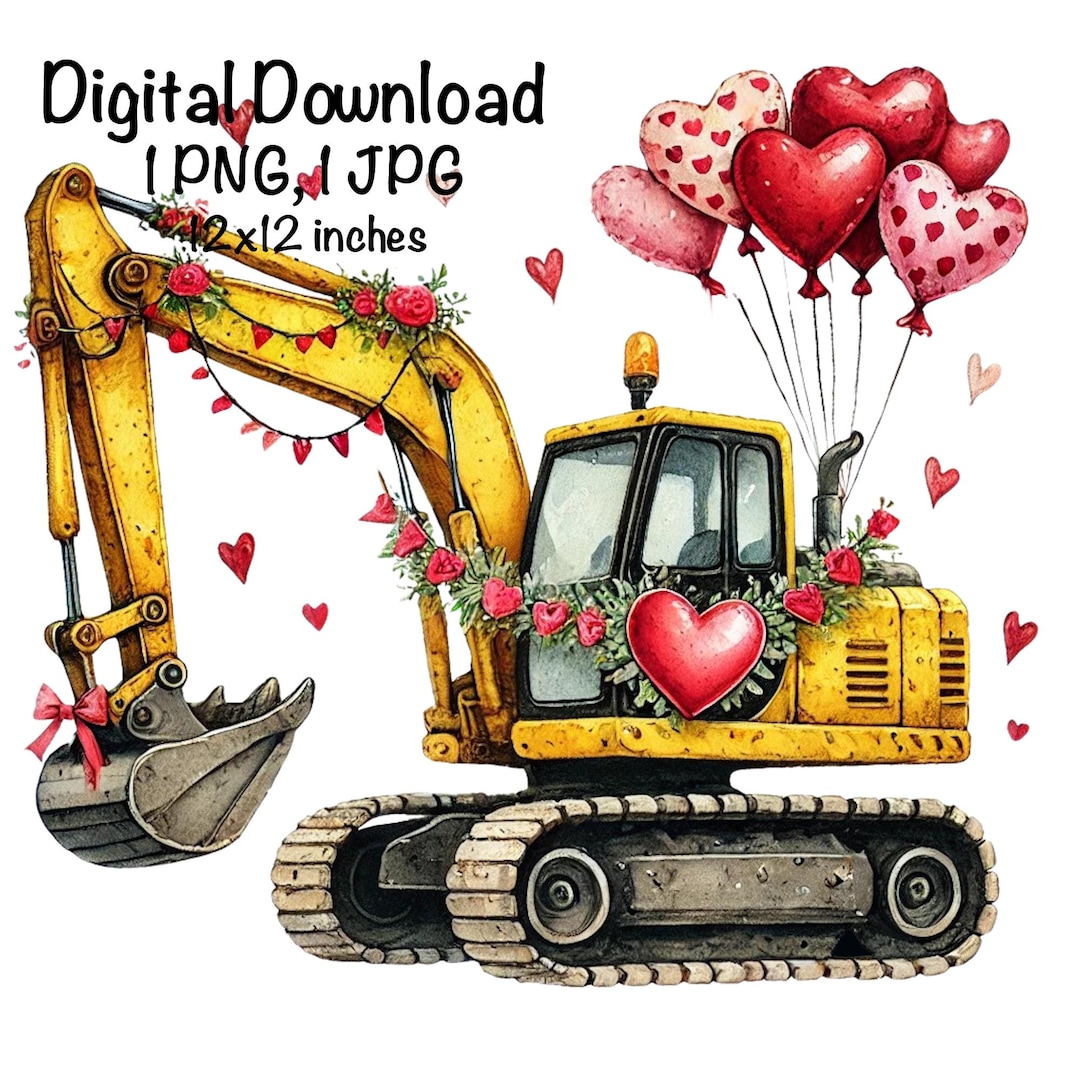 Happy Valentine Excavator PNG Watercolor Construction Truck Boys ...