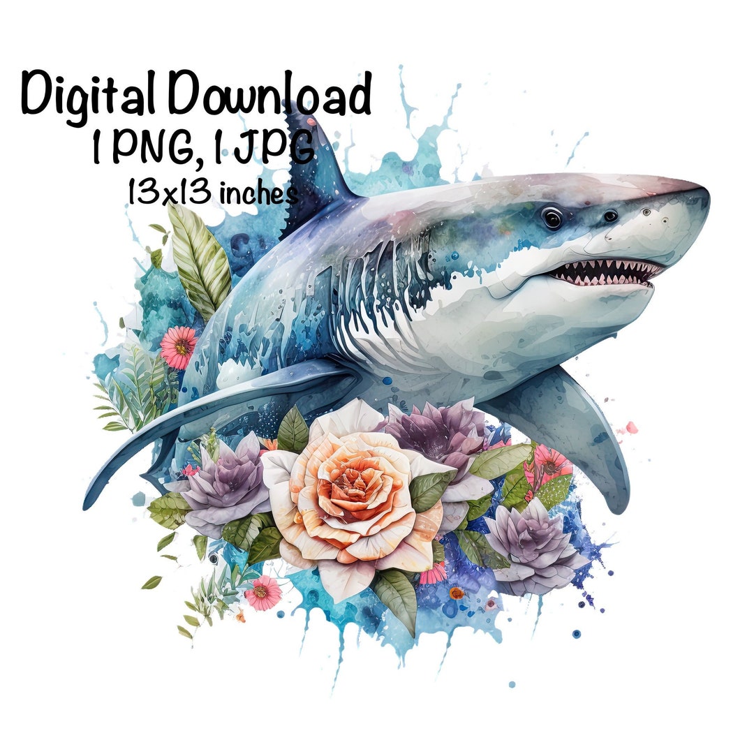 Great White Shark Watercolor Clipart Shark Spring Flowers PNG ...