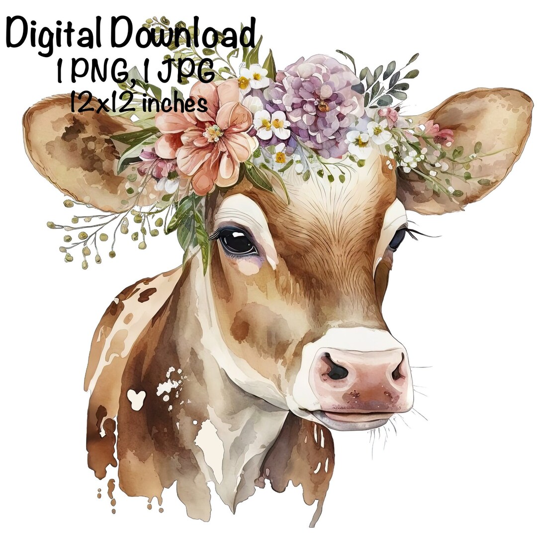 Dairy Milk Cow Watercolor Clipart Jersey Cow Daisy Flowers PNG - Etsy