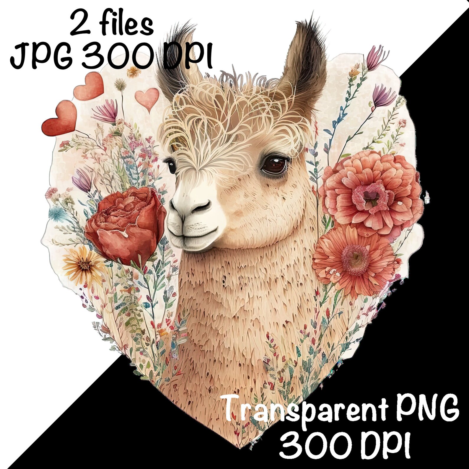 Llama Watercolor Clipart Highland Llama Spring Flowers Hearts - Etsy
