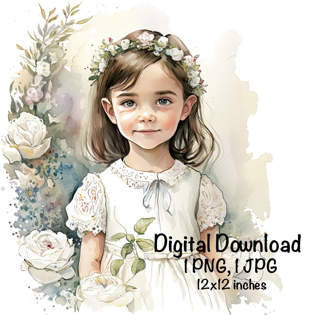 First Communion Girl Watercolor Floral Girl Clipart Easter Sublimation ...