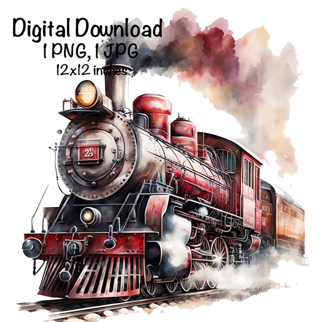 Steam Train Watercolor, Locomotive Train Boys Clipart Nursery Décor ...