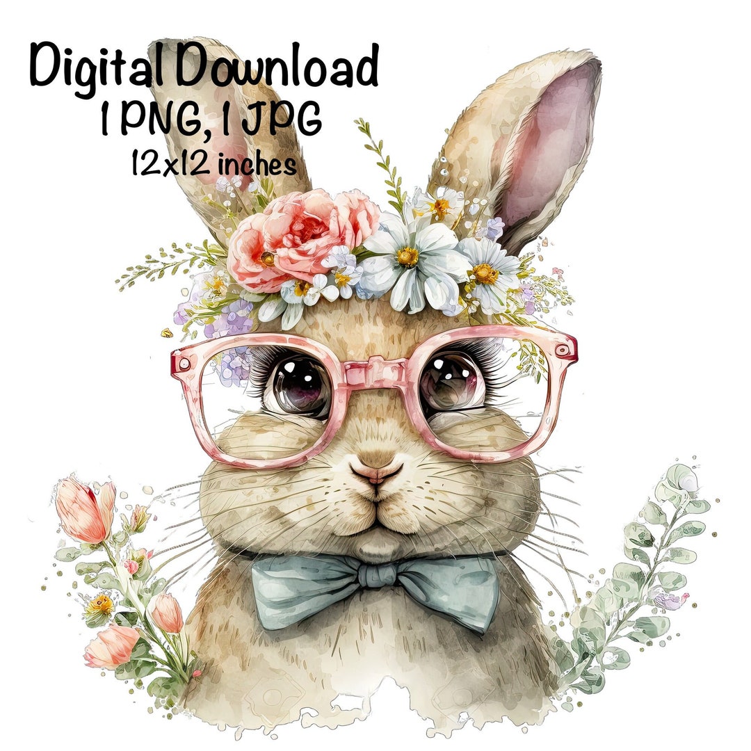 Cute Rabbit & Glasses Watercolor Clipart Bunny Spring Flowers PNG ...