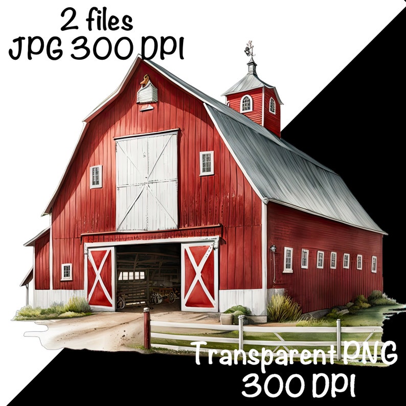 Red Old Barn Watercolor Farm Barn Boys Girls Clipart Wall Art Rustic ...