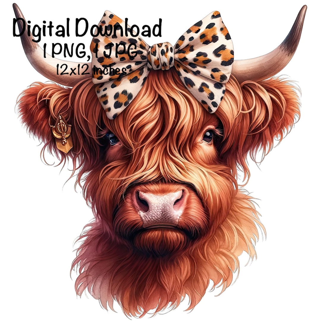 Highland Cow Watercolor Clipart Cute Highland Cow Leopard Bow Baby Cow ...