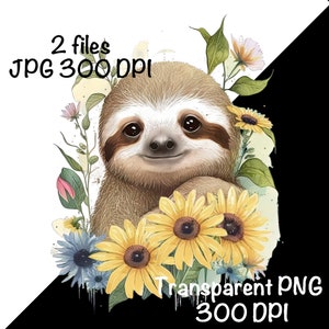 Cute Sloth Clipart Sloth & Spring Flowers PNG Commercial Use Adorable ...