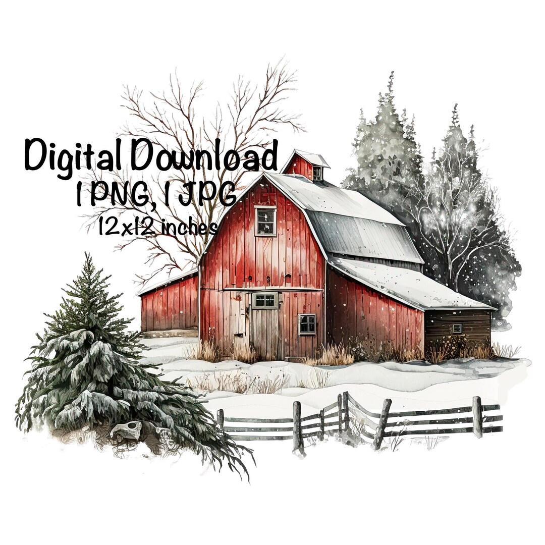 Rustic Old Barn Watercolor Farm Barn Winter Snow Clipart Wall Art ...