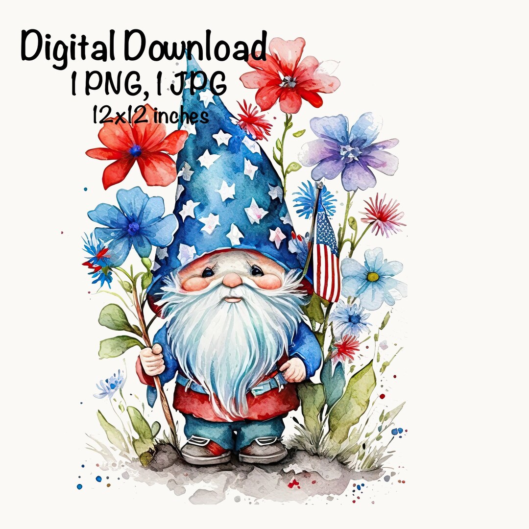 Patriotic Cute Gnome Watercolor Flag Garden Gnome Clipart American ...