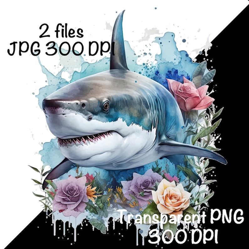 Great White Shark Watercolor Clipart Shark Spring Flowers PNG ...