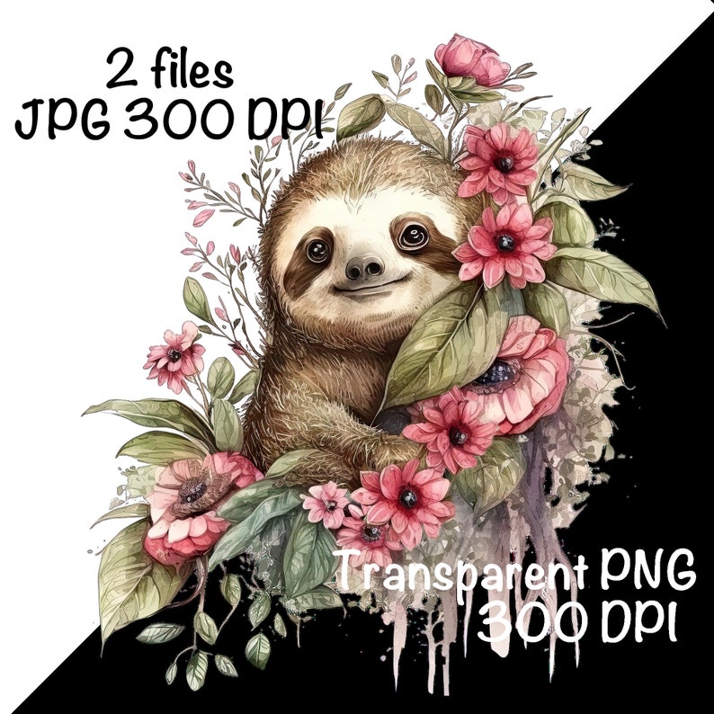 Cute Sloth Clipart Sloth & Spring Flowers PNG Commercial Use - Etsy