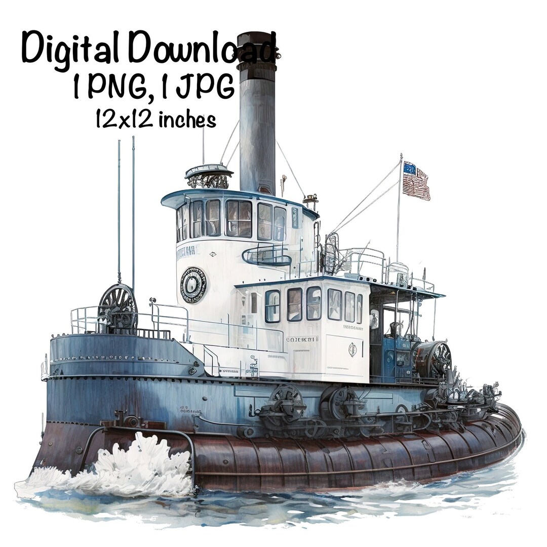 Blue Tug Boat Watercolor Tugboat PNG Boat Boys Clipart Blue Boat PNG ...