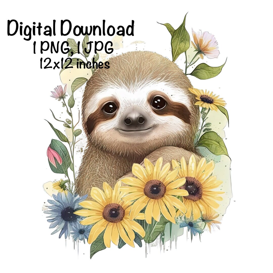 Cute Sloth Clipart Sloth & Spring Flowers PNG Commercial Use Adorable ...
