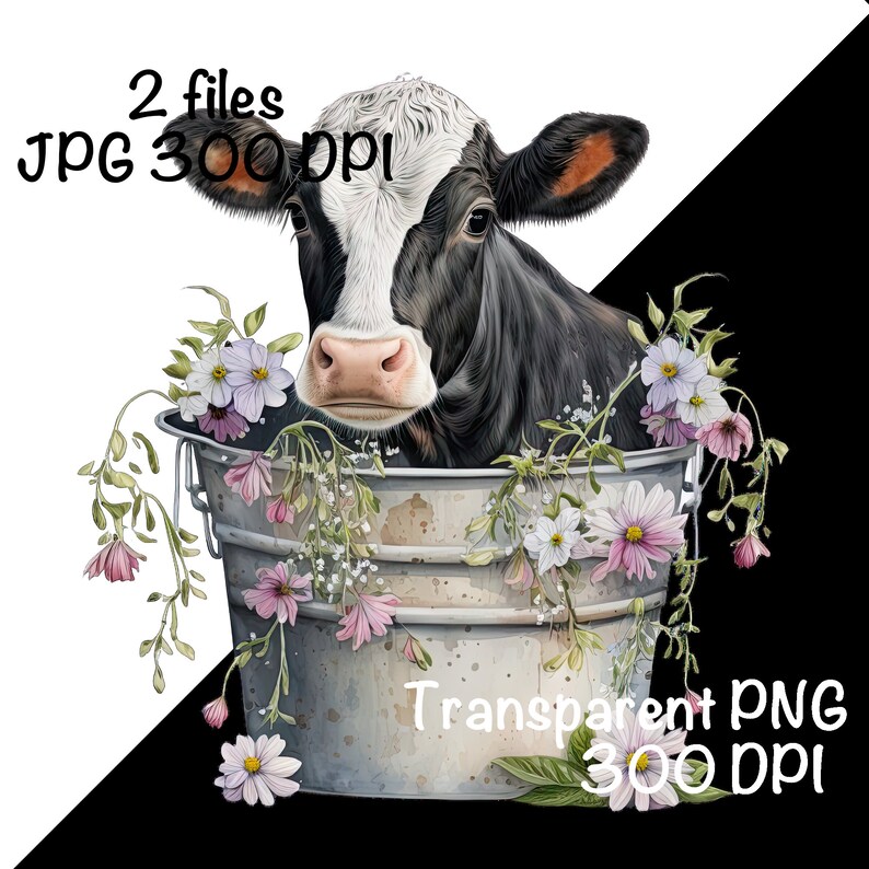 Dairy Cow Watercolor Clipart Cute Milk Cow in a Bucket Tub Baby Cow PNG ...