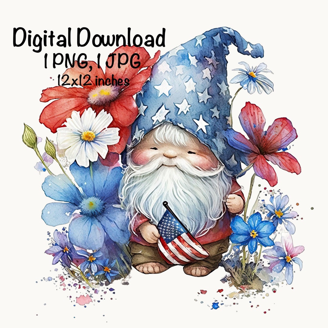 Patriotic Cute Gnome Watercolor Flag Garden Gnome Clipart American ...