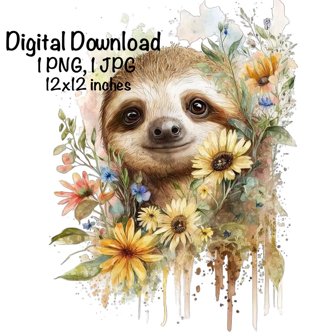 Cute Sloth Clipart Sloth & Spring Flowers PNG Commercial Use Sloth ...