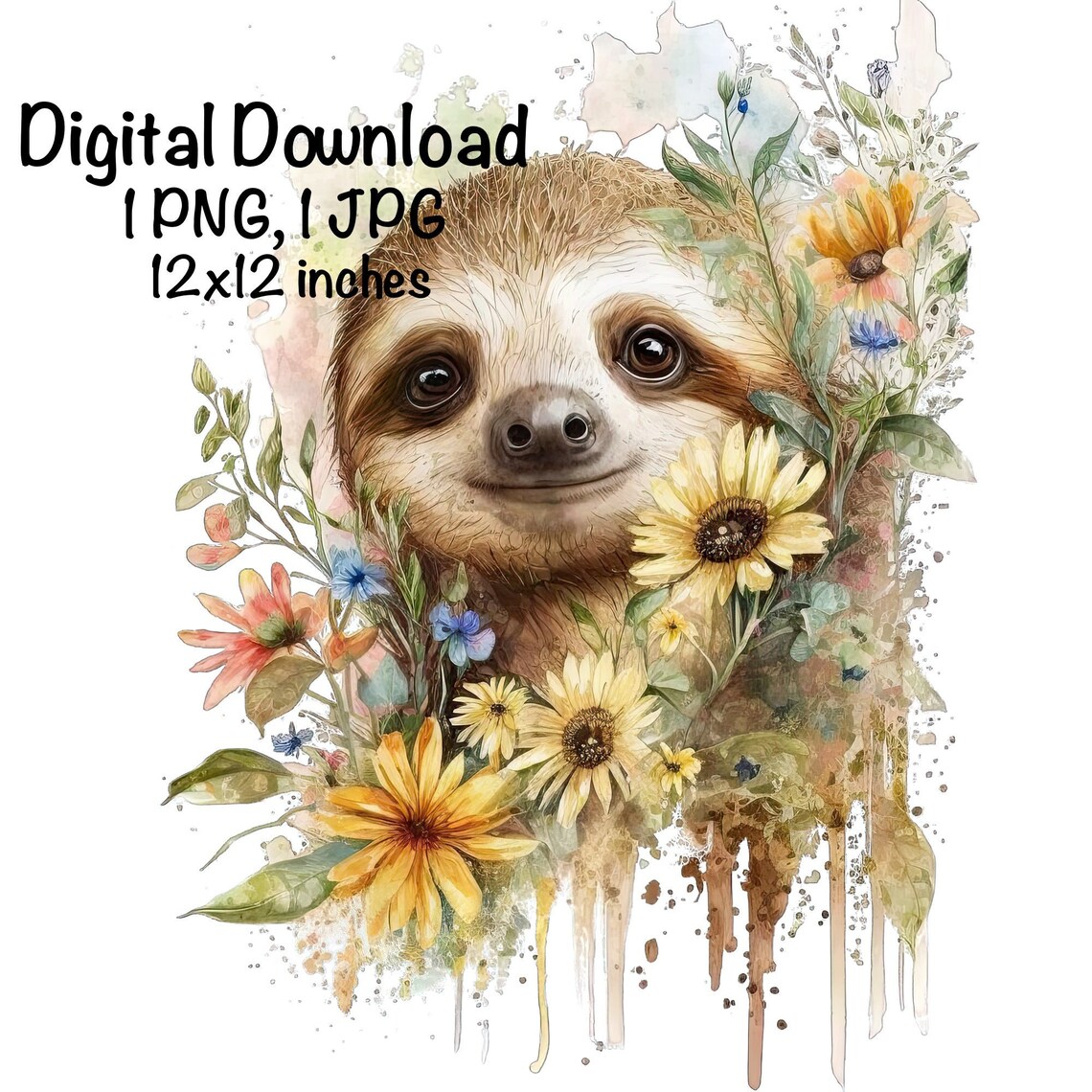 Cute Sloth Clipart Sloth & Spring Flowers PNG Commercial Use - Etsy