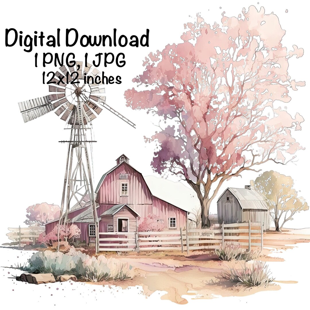 Old Farm Barn Watercolor Pink Barn Girls Clipart Wall Art Old - Etsy