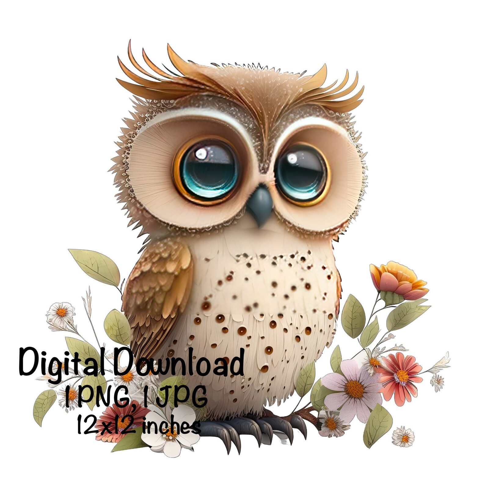 Owl Watercolor Clipart Night Owl Flowers Glitter PNG - Etsy