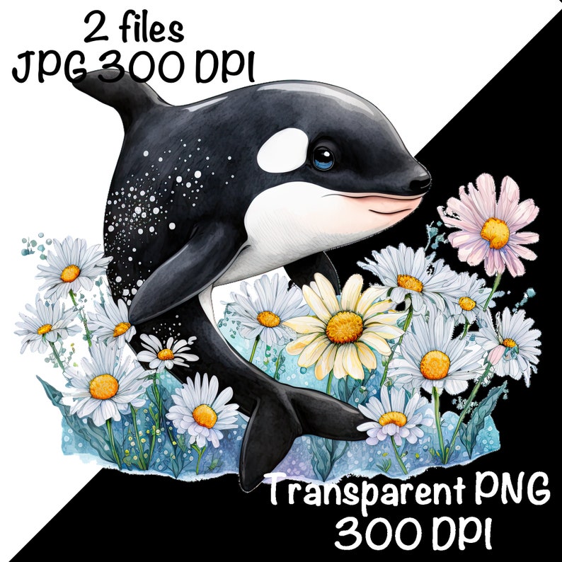 Orca Whale Watercolor Clipart Cute Whale Spring Flowers - Etsy