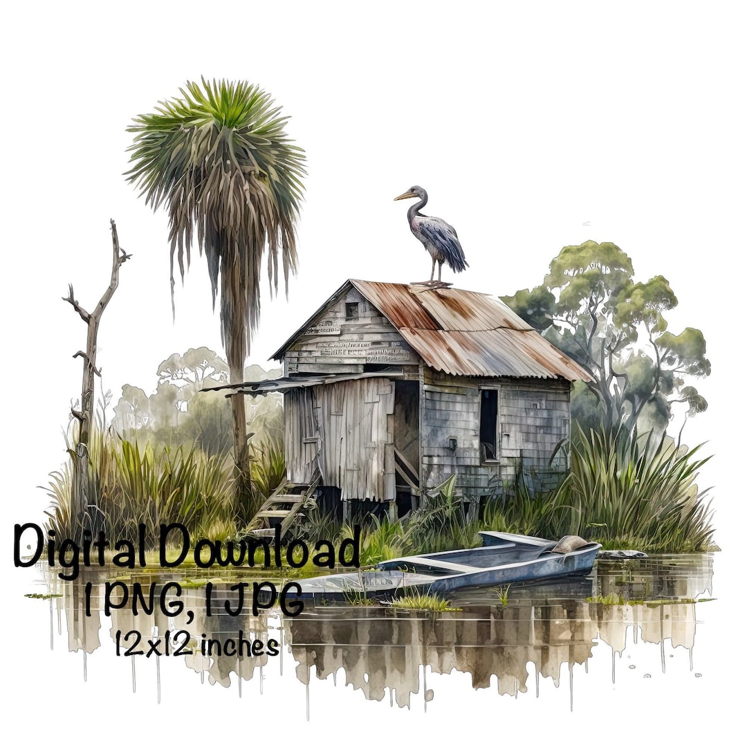 Old Shack on the Bayou Watercolor Swamp Clipart Wall Art Rustic Shack ...