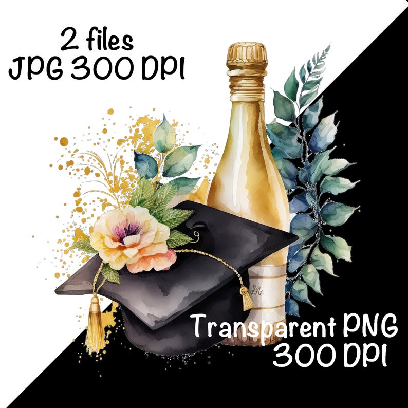 Champagne Bottle Gold Graduation Cap Watercolor College High - Etsy
