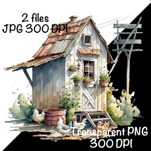 Rustic Old Chicken Coop Watercolor Farm Chicken Coop Clipart Wall Art ...