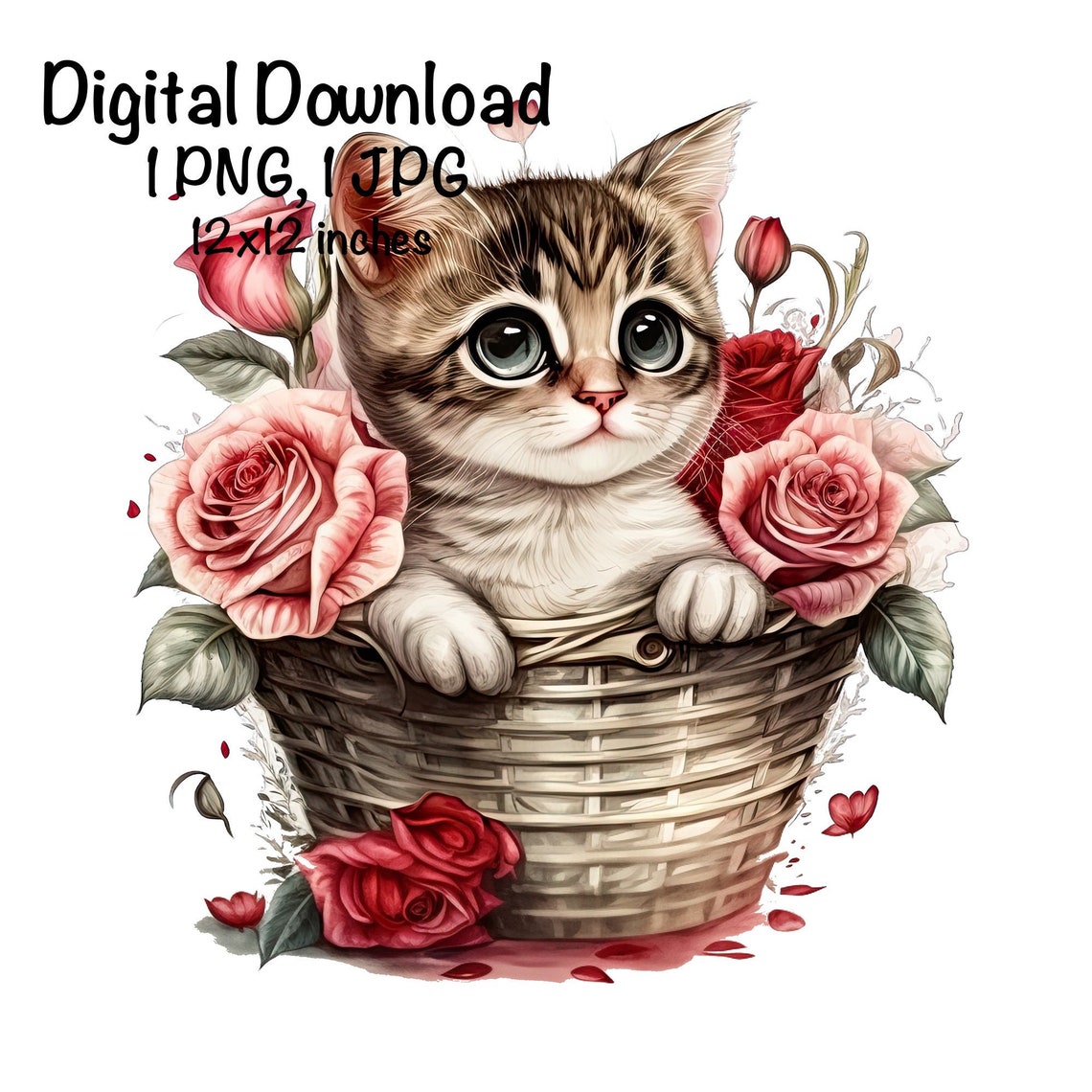 Cute Cat Watercolor Clipart Cute Cat in a Basket Roses Flowers - Etsy