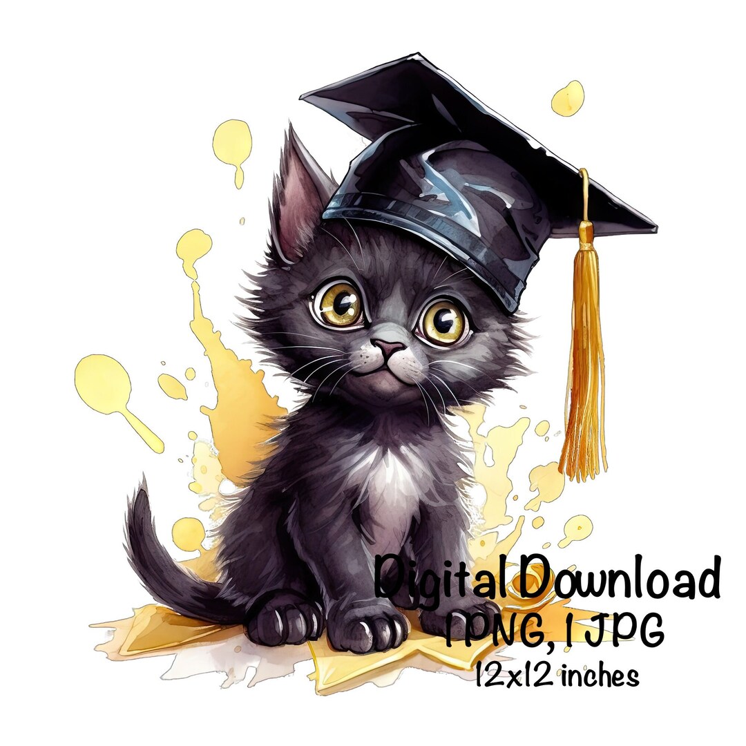 Graduation Black Cat Clipart Grad Student Cat PNG College Graduation ...