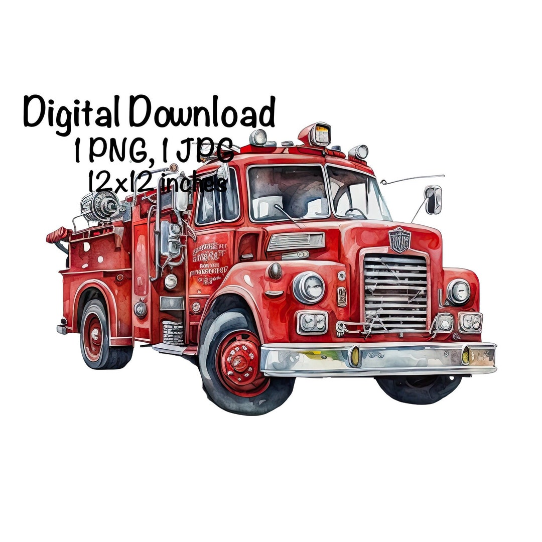 Fire Truck Watercolor Fire Engine Boy Clipart Sublimination Fireman ...
