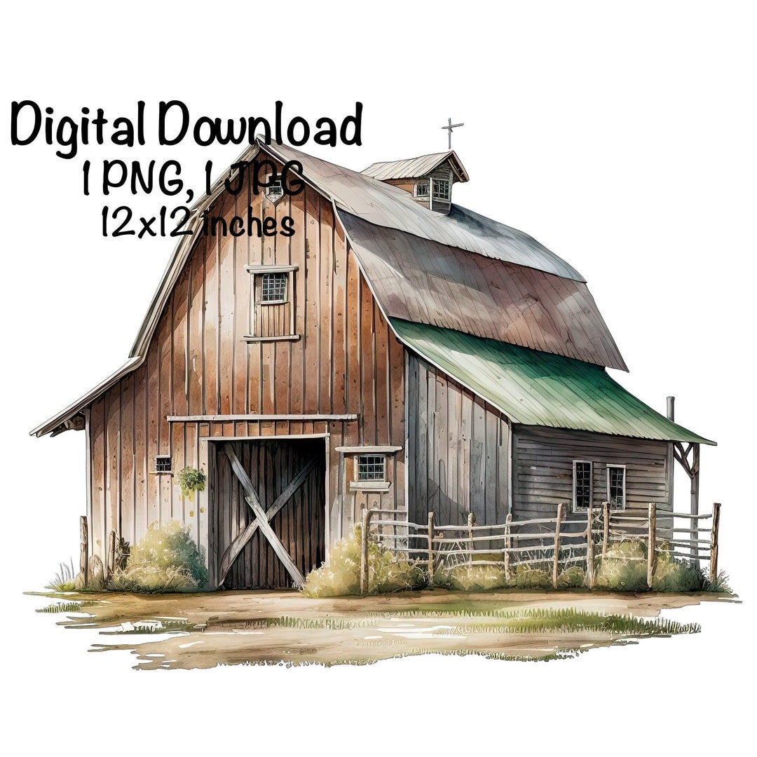 Rustic Old Barn Watercolor Farm Barn Boys Girls Clipart Wall Art Rustic ...