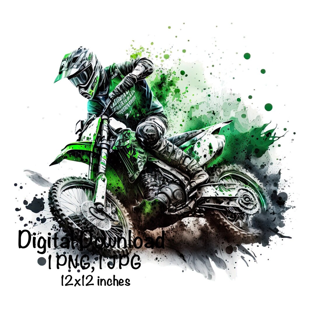 Motocross Watercolor, Green Motocross Bike Boys Clipart Off-road ...