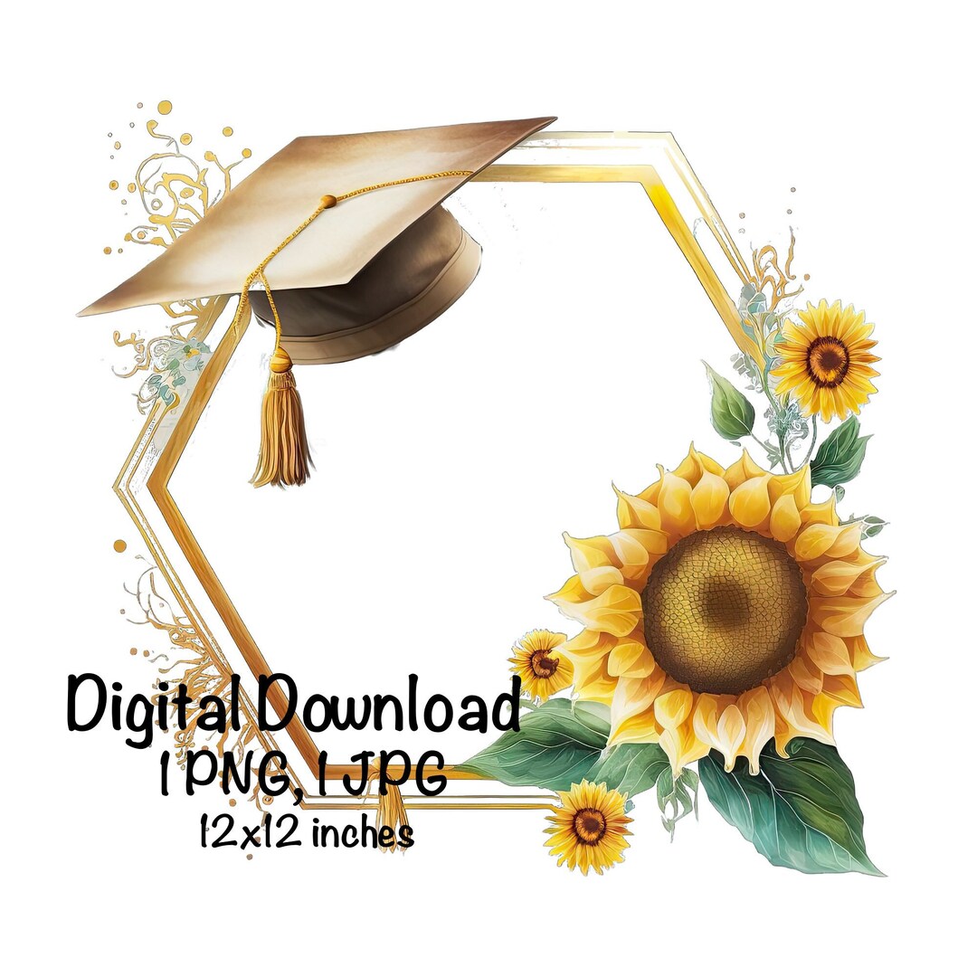 Graduation Cap Watercolor Gold Hexagon Sunflowers Graduation Clipart ...