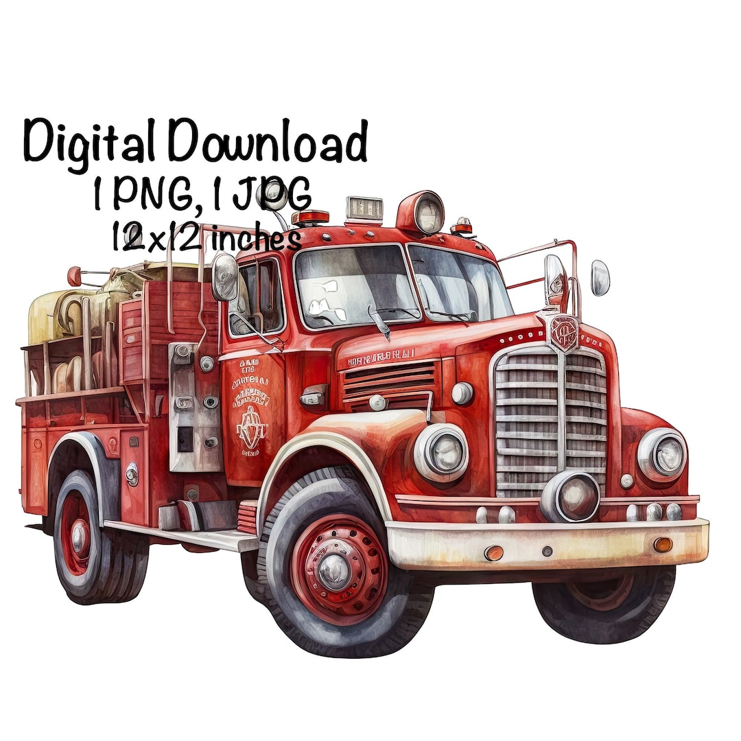 Fire Truck Watercolor Fire Engine Boy Clipart Sublimination Fireman ...