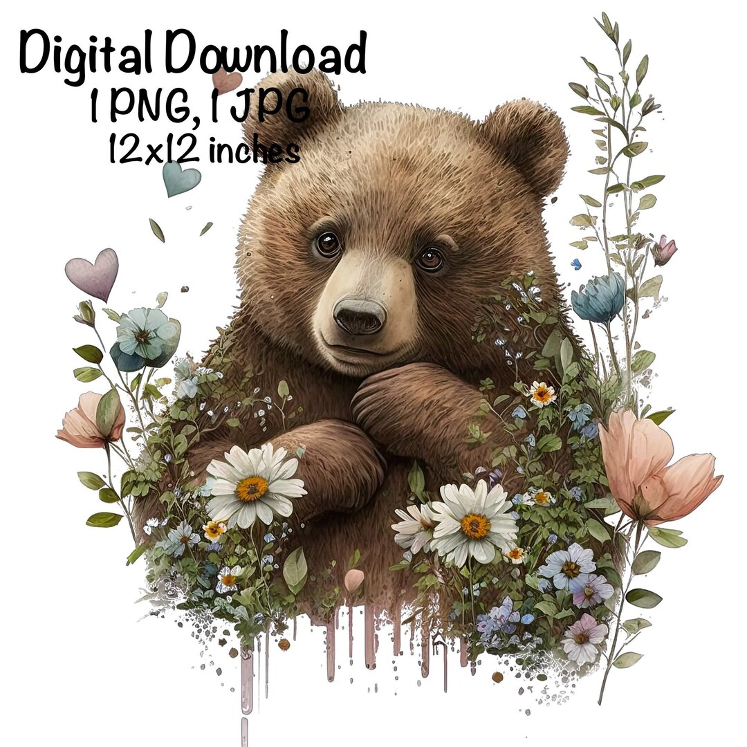 Grizzly Bear Watercolor Clipart Cute Bear Spring Daisy Flowers & Hearts ...