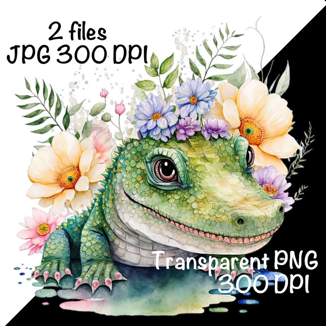 Cute Alligator Clipart Alligator & Spring Flowers PNG - Etsy