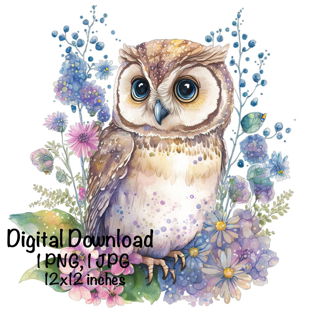 Owl Watercolor Clipart Night Owl Flowers Sparkling PNG Commercial Use ...