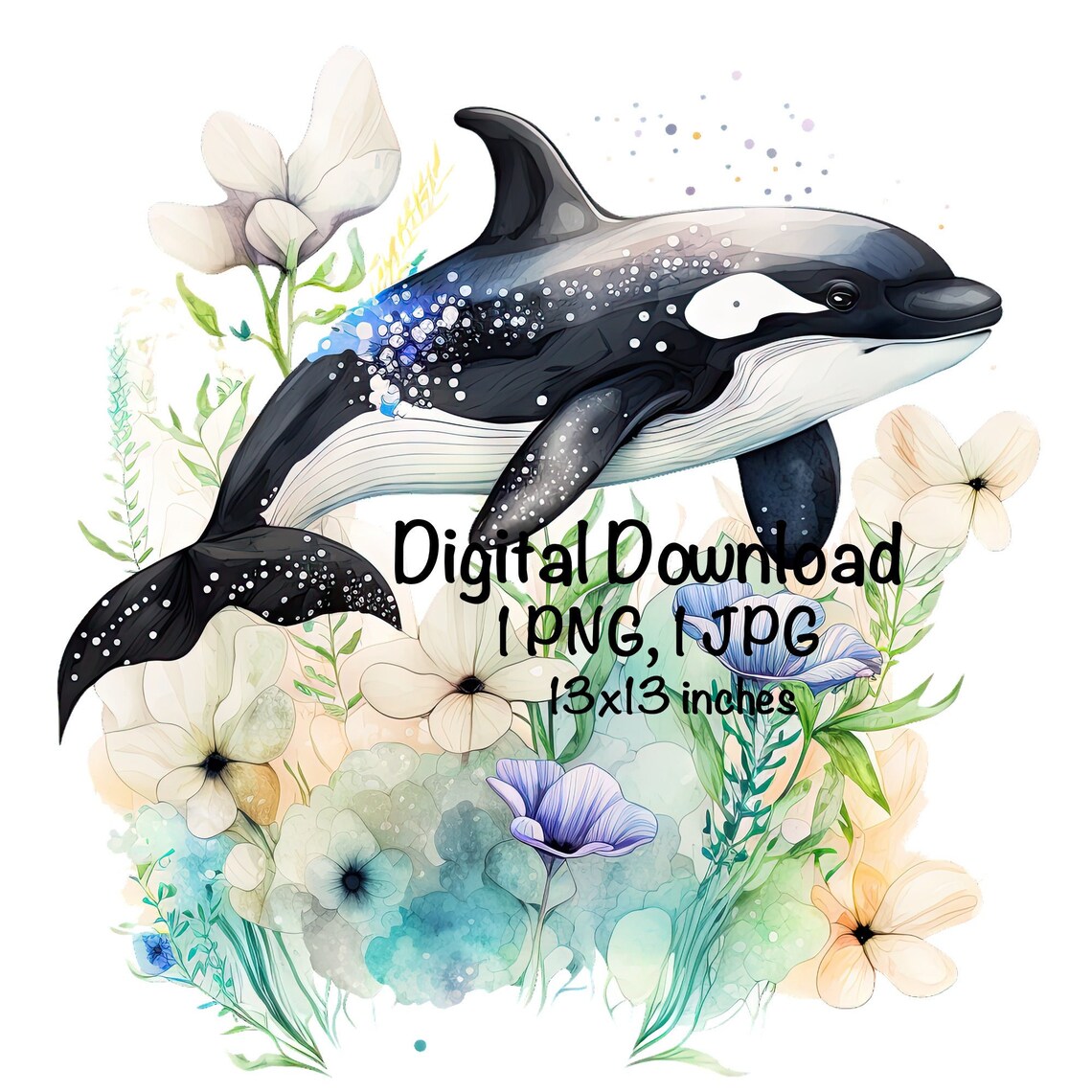 Orca Whale Watercolor Clipart Cute Whale Spring Flowers - Etsy
