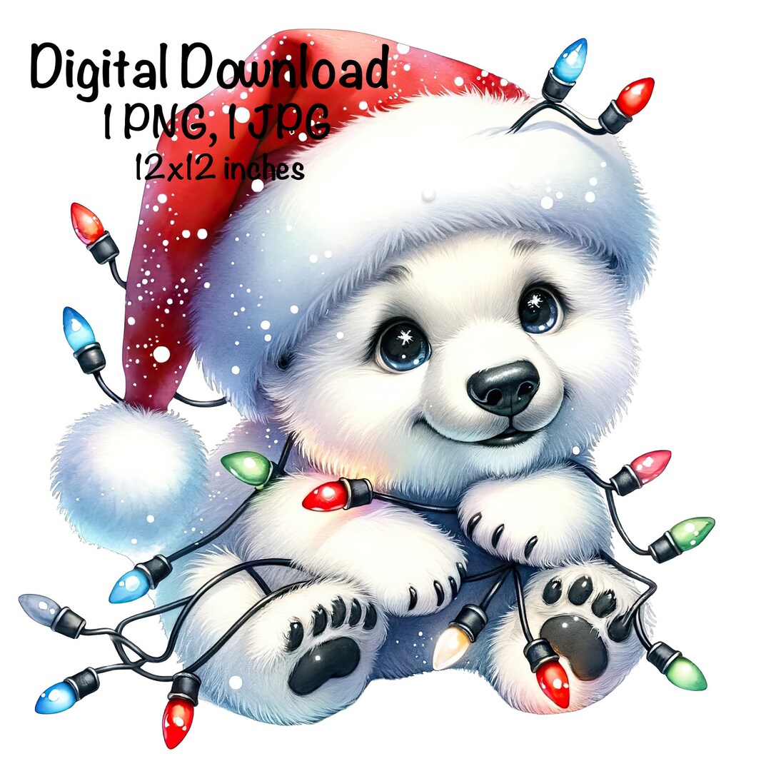 Christmas Lights Polar Bear Cub Watercolor Clipart Cute Xmas Bear PNG ...
