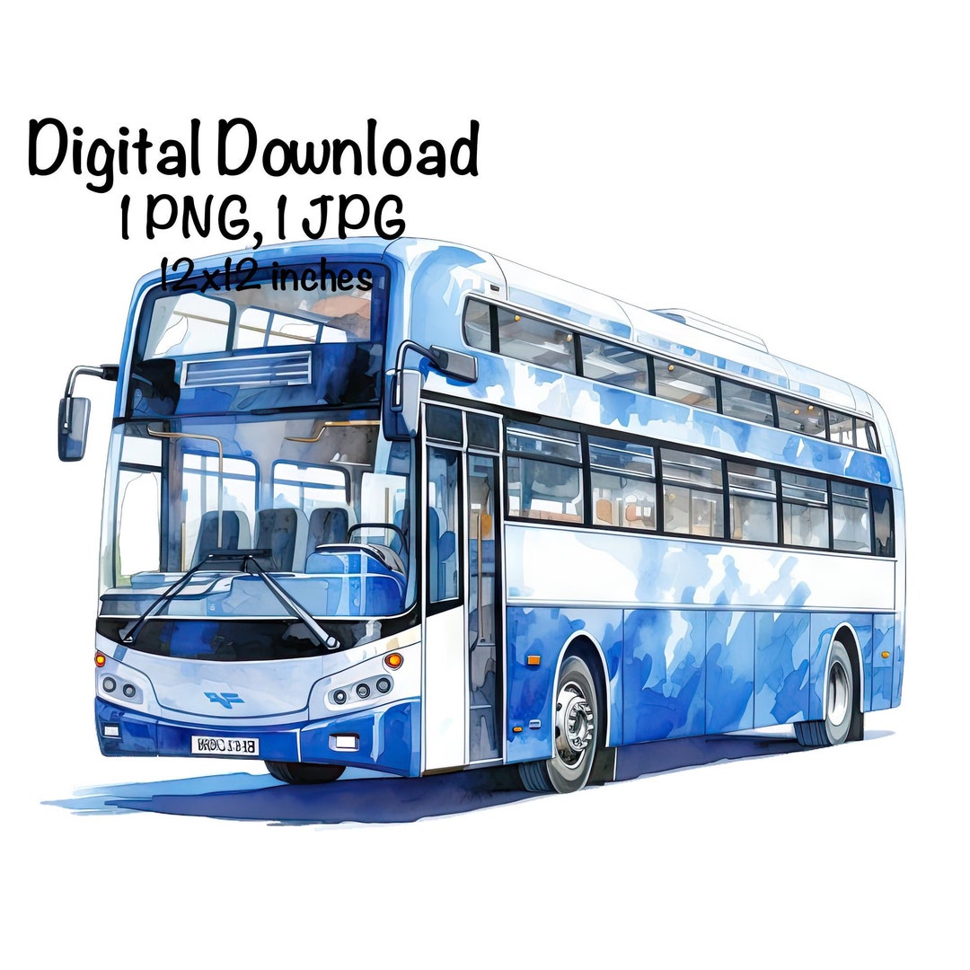 Blue Bus Watercolor, Public Transportation Clipart Wall Art Road Bus ...