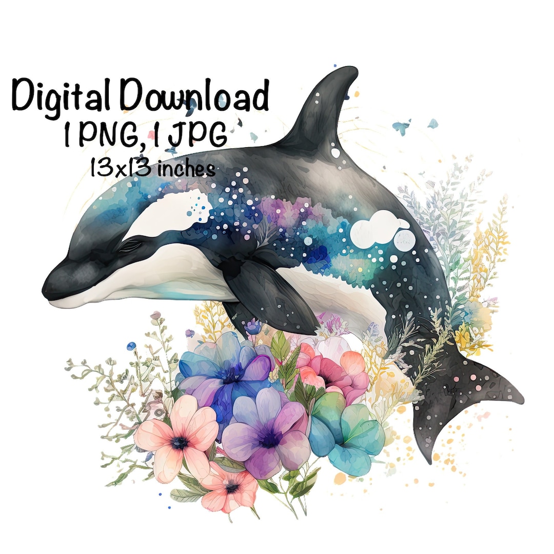 Orca Whale Watercolor Clipart Cute Whale Spring Flowers Commercial Use ...